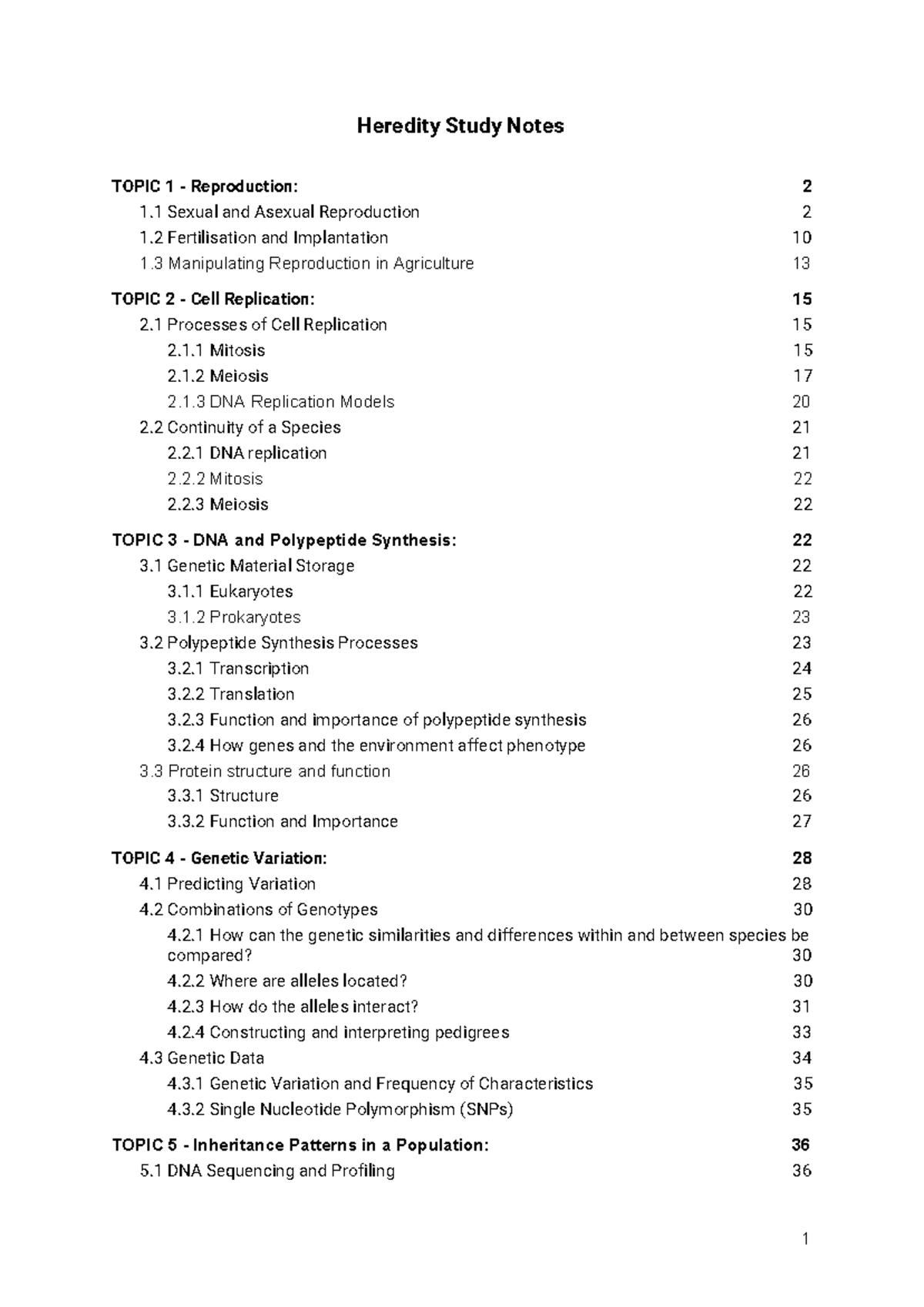 Heredity Study Notes - Heredity Study Notes TOPIC 1 - Reproduction: 1 ...