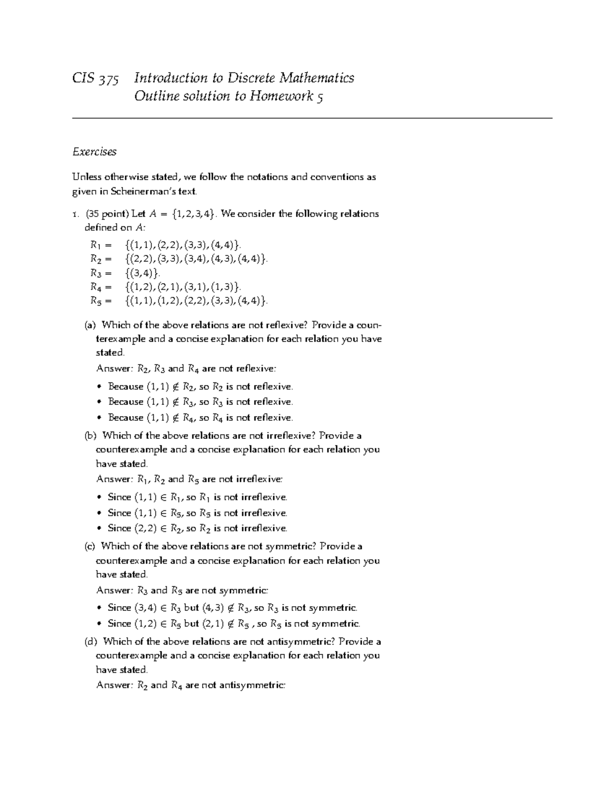 CIS 375 Discrete Mathematics Homework 5 Solutions - Studocu