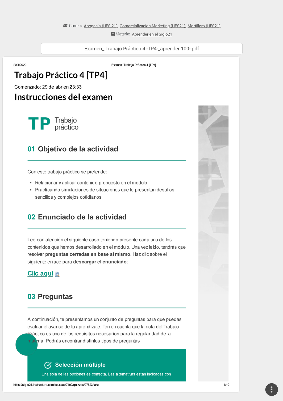 Trabajo Practico Examen Trabajo Práctico 4 -TP4- aprender 100 - Carrera: Abogacia (UES 21 ...