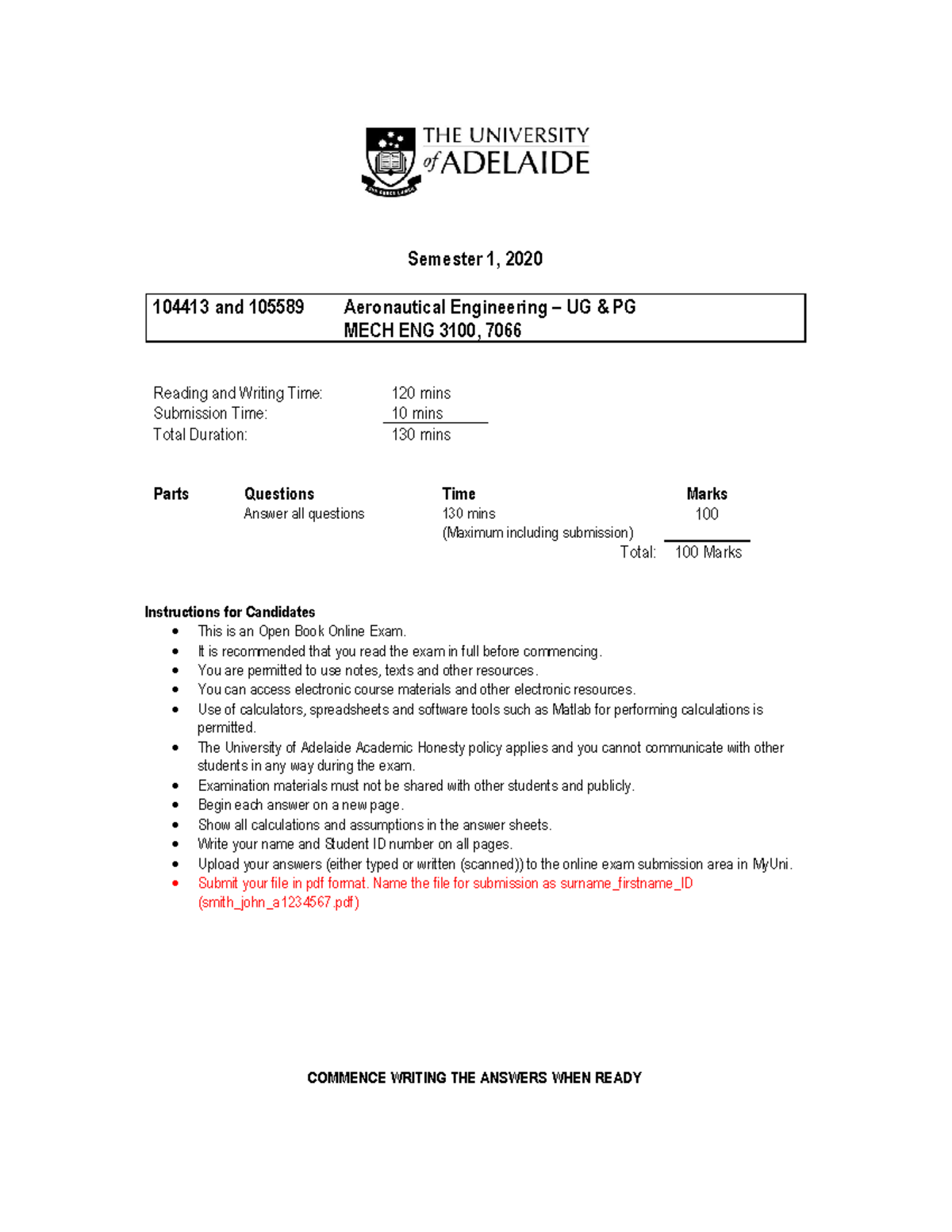 Aero eng exam 2020 - Exam - Semester 1, 2020 104413 and 105589 ...