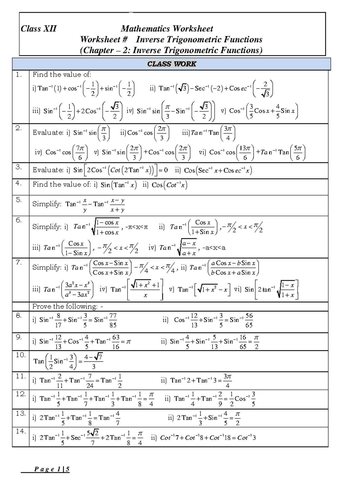 Inverse Trigo Functions - Class XII Mathematics Worksheet Worksheet # 4 ...