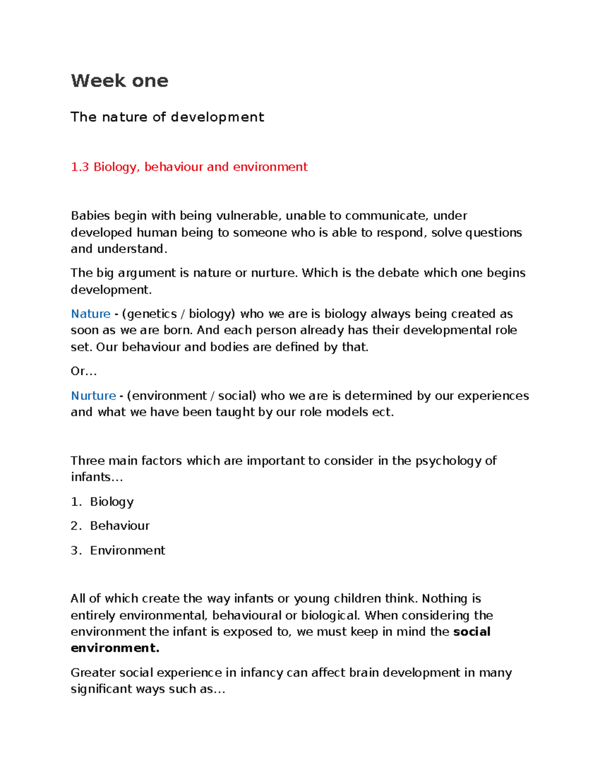 Week one notes psy20008 - Week one The nature of development 1 Biology ...