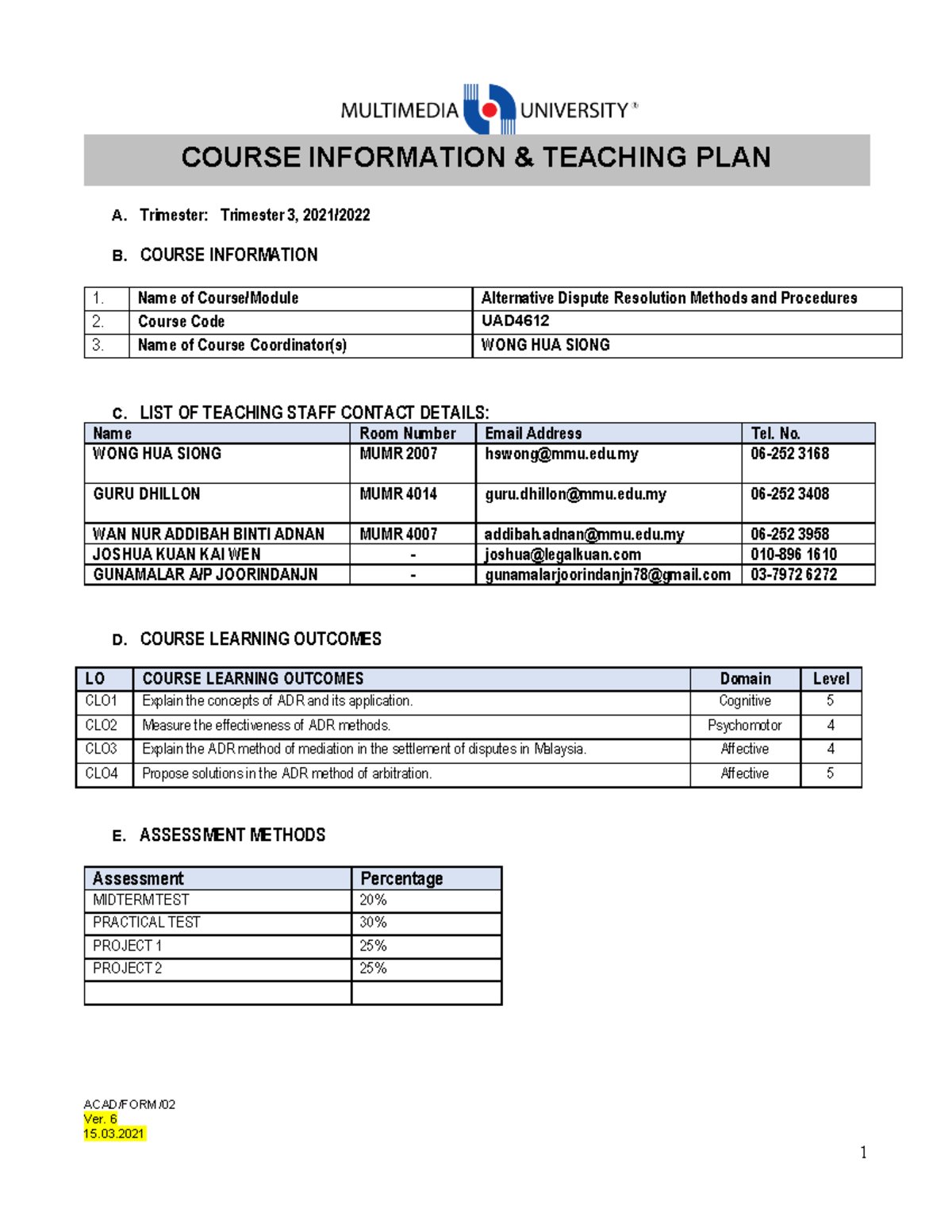 Students Course Information and Teaching Plan-Tri 2130 - ACAD/FORM/ Ver ...