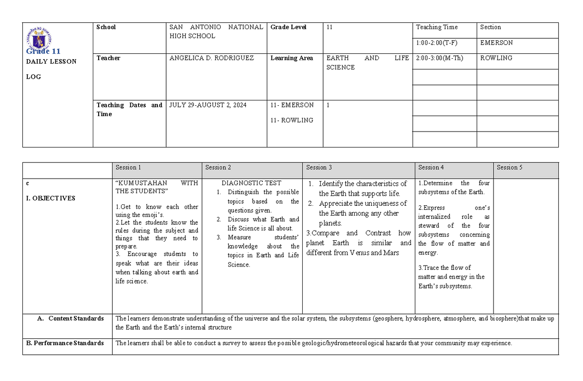 WEEK 1 ELS - dll in earth and life science - Grade 11 DAILY LESSON LOG ...