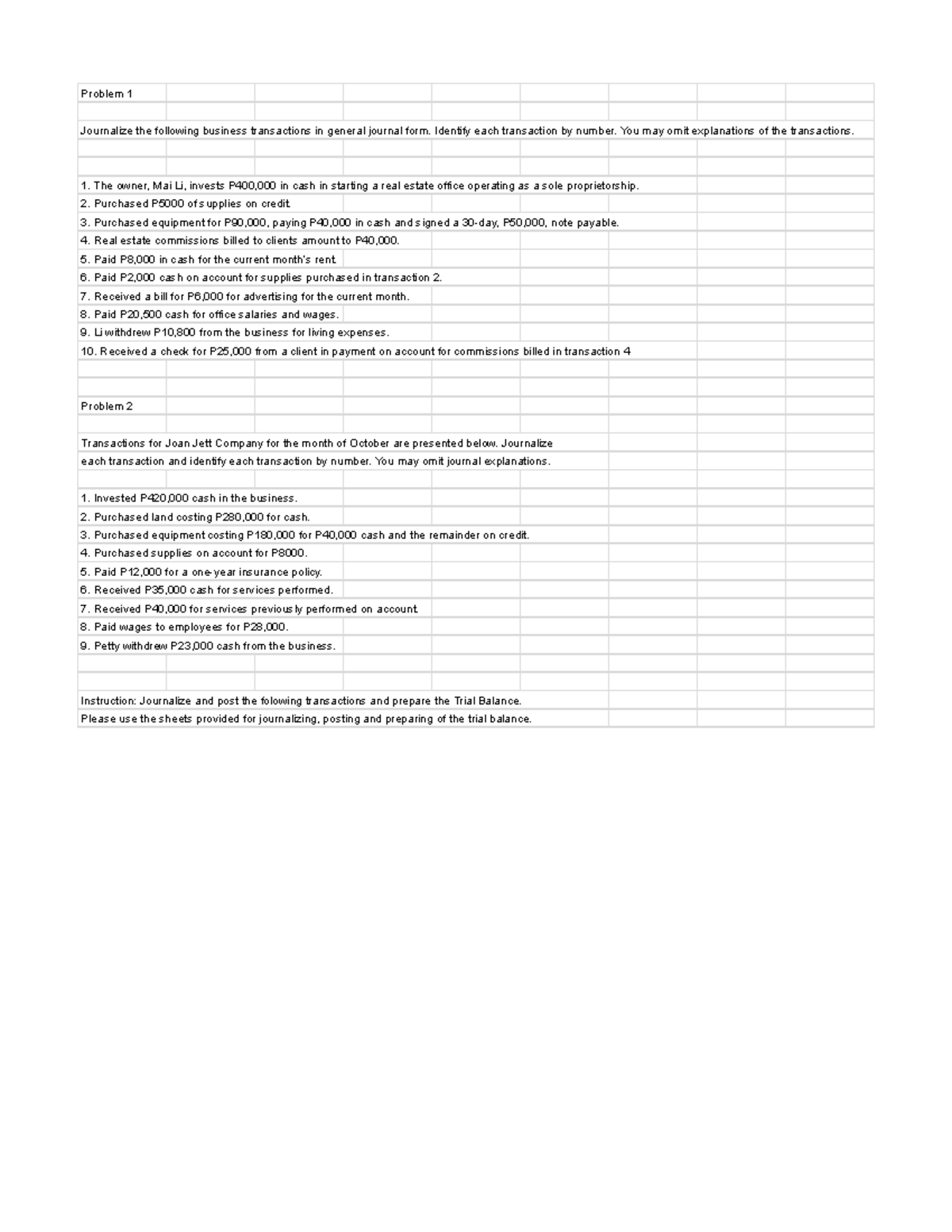 Quiz 4 Accounting 1 - Problem 1 Journalize the following business ...