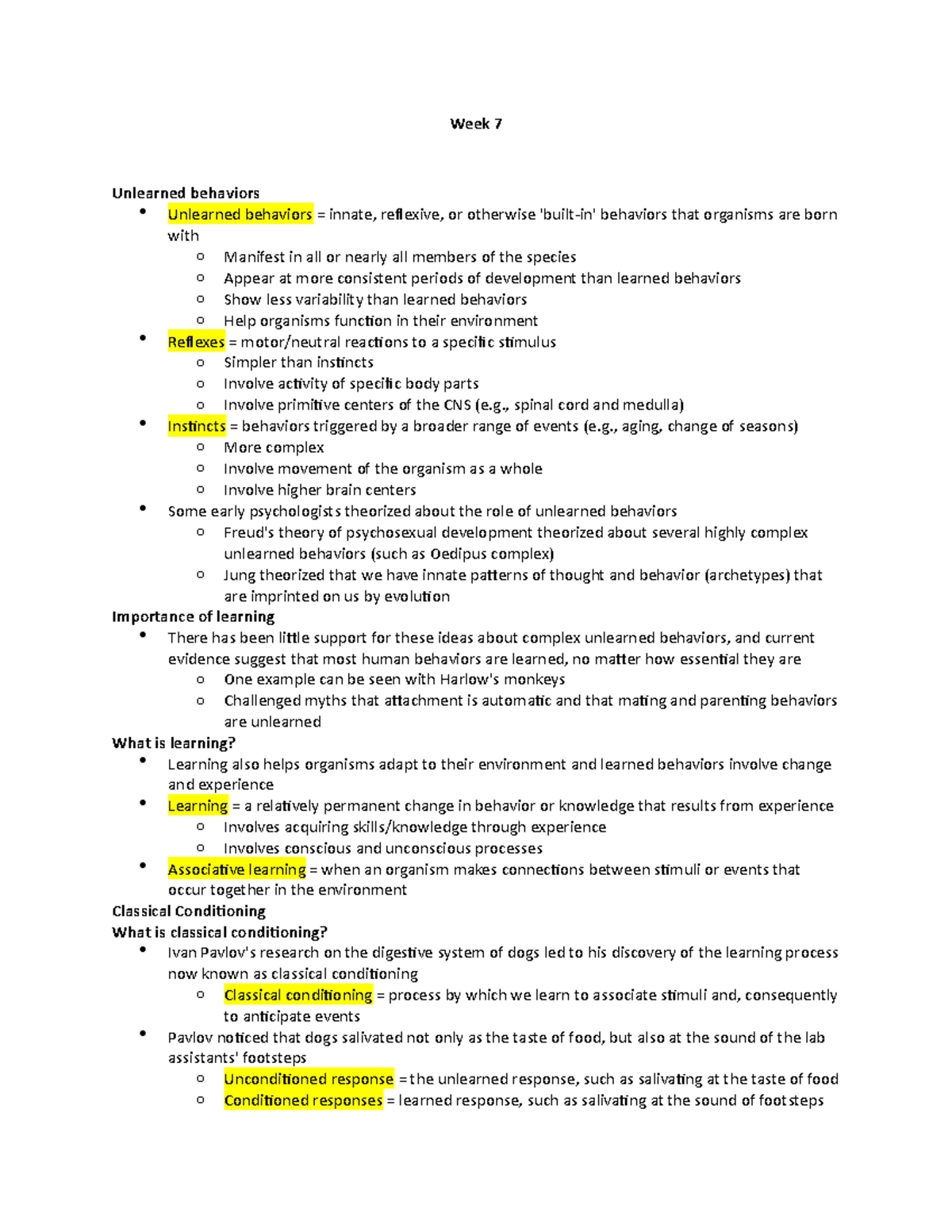 Week 7 - Week 7 notes for Psychology 101 - Week 7 Unlearned behaviors ...
