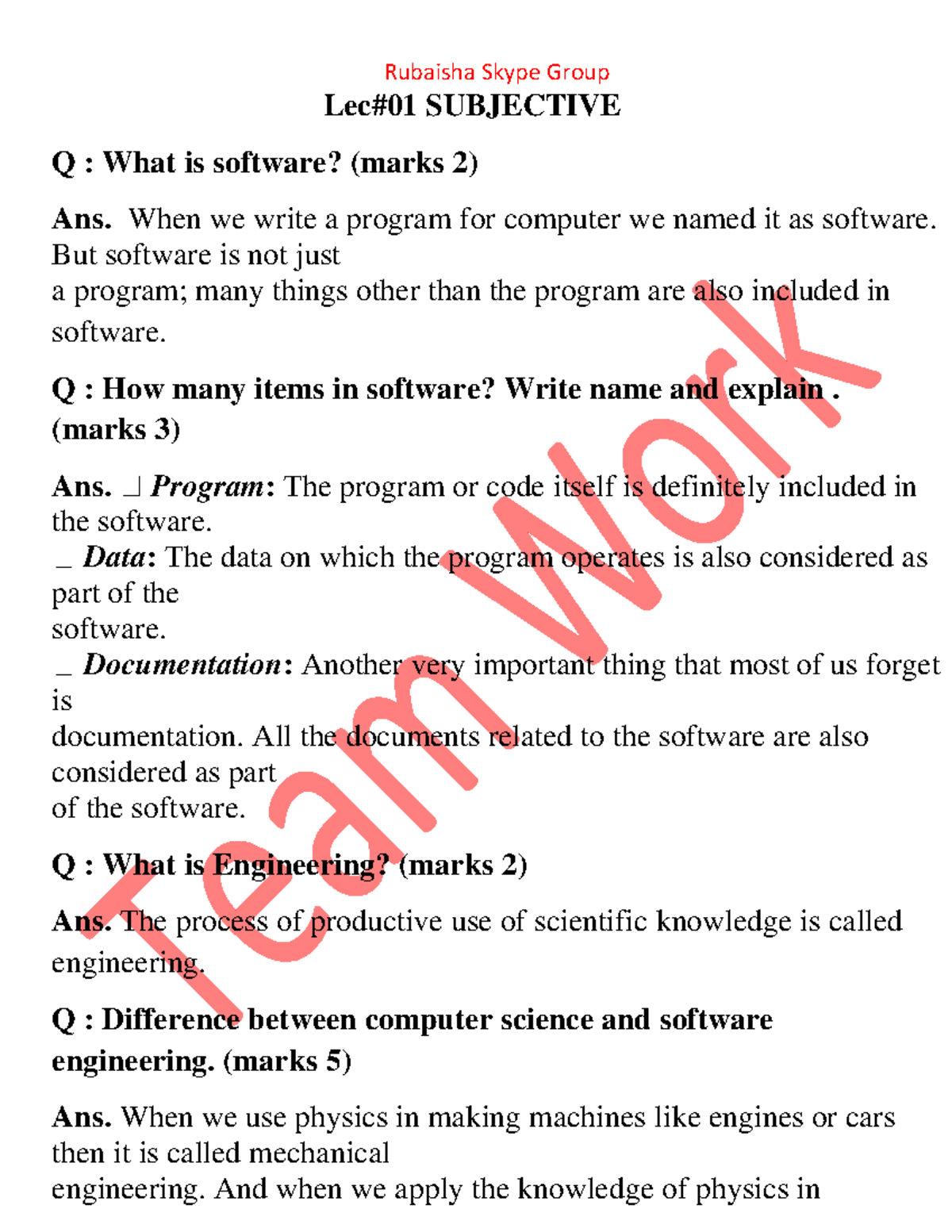 Cs504 Subjective Lecture 1 To 22 Lec 01 Subjective Q What Is Software Marks 2 Ans When