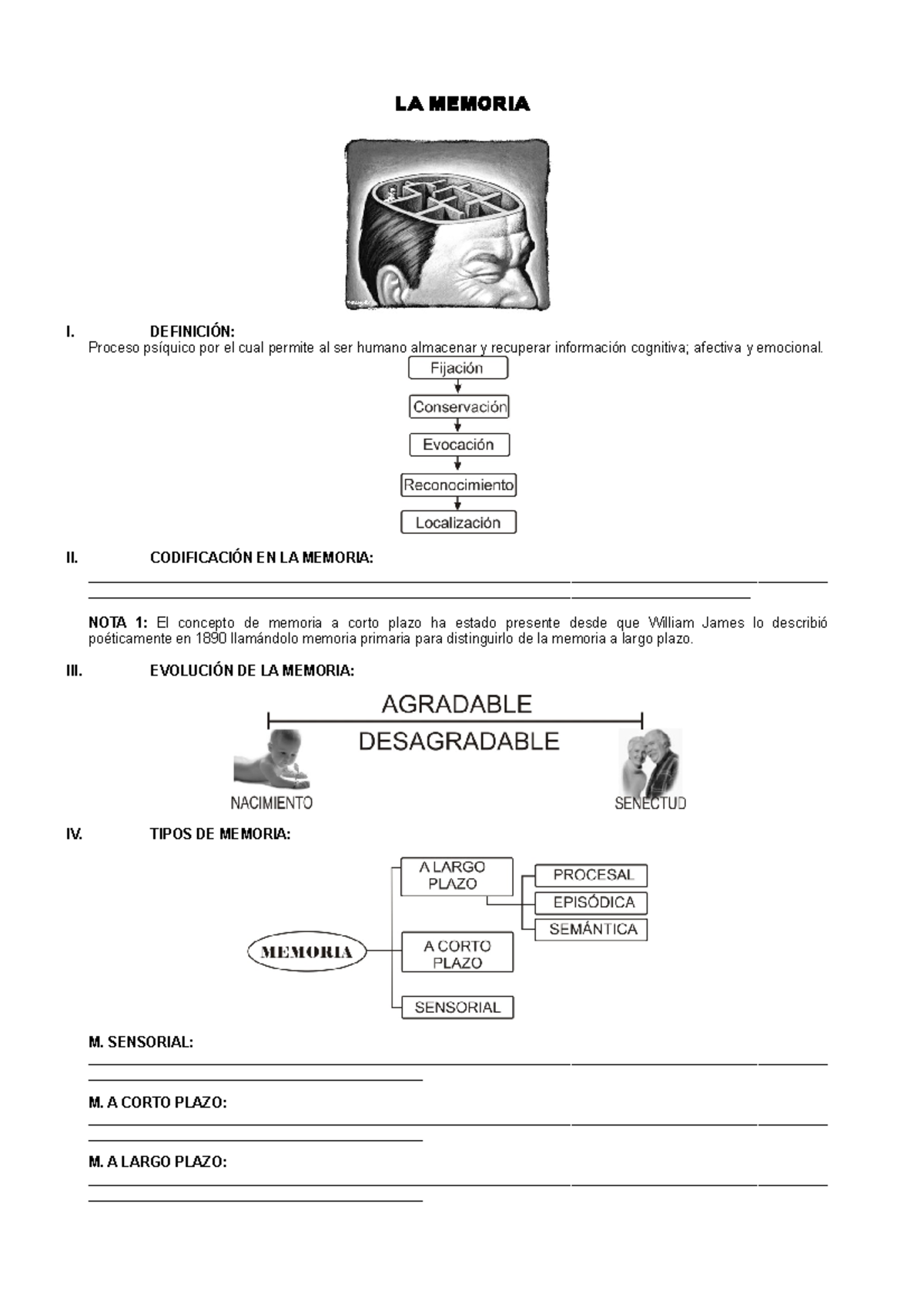 Memoria - LA M EMORIA I. DEFINICIÓN: Proceso psíquico por el cual ...