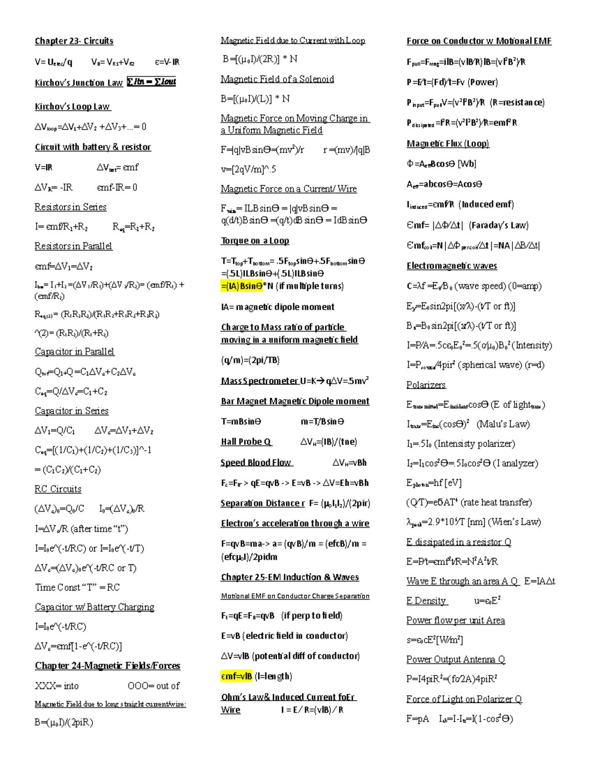 Physics II Test 2 Sheet - Summary of Equations needed for Exam 2 ...