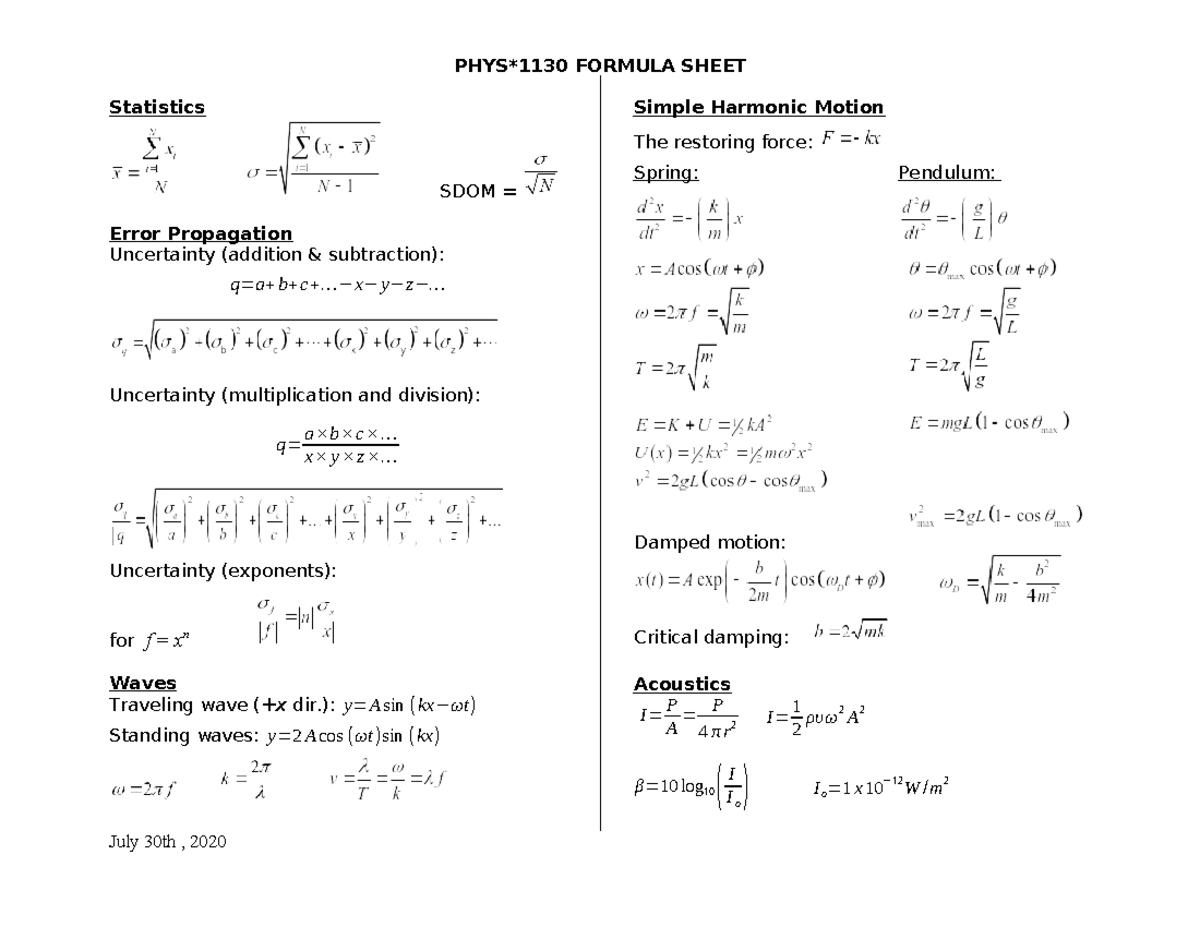 1130Formula Sheet F 20 - formula - PHYS*1130 FORMULA SHEET Statistics ...