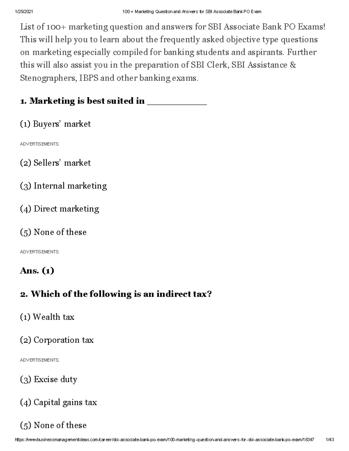 100 + Marketing Question and Answers for SBI Associate Bank PO Exam ...