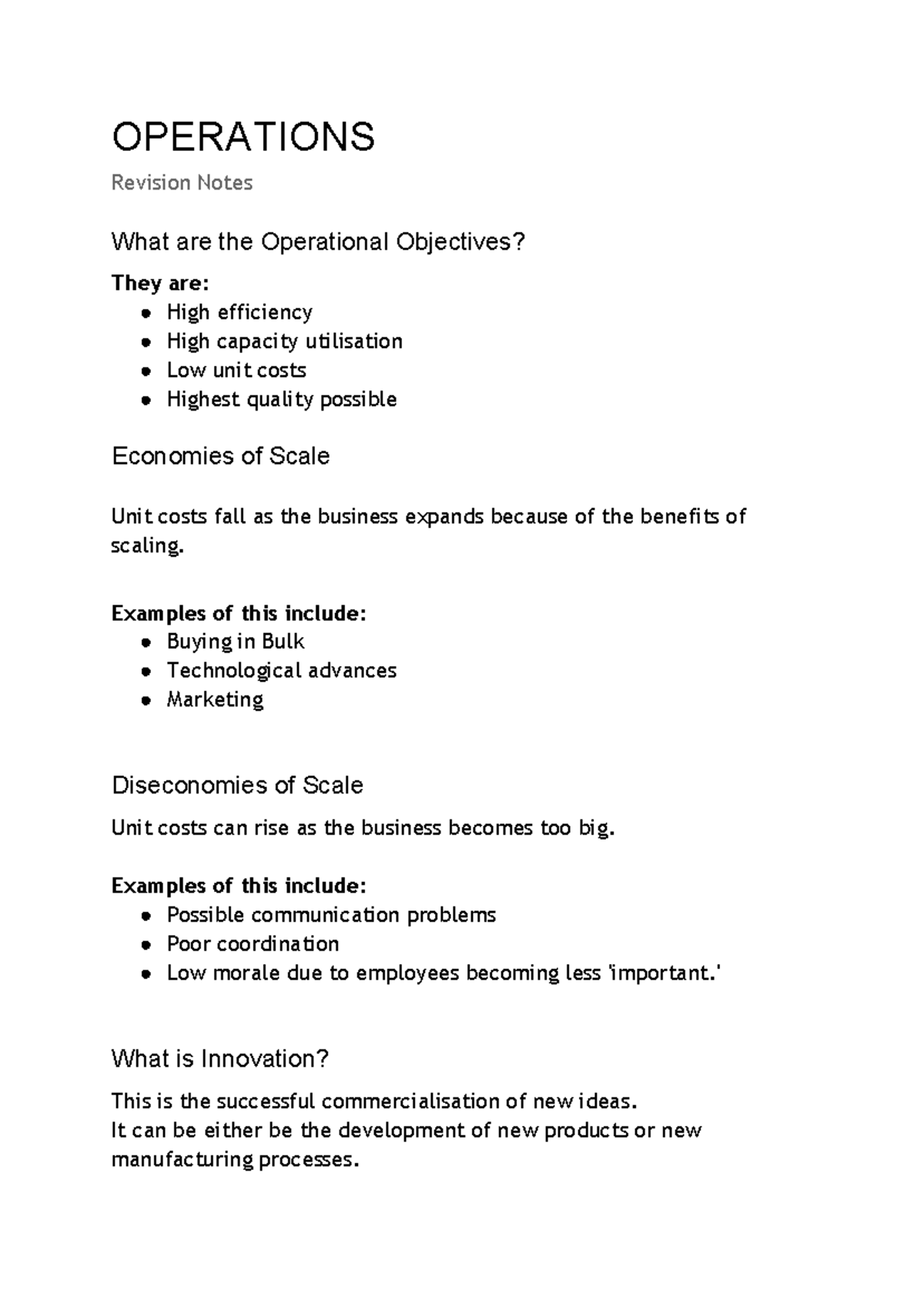 A Level Business - Operations - Revision Notes - OPERATIONS Revision ...