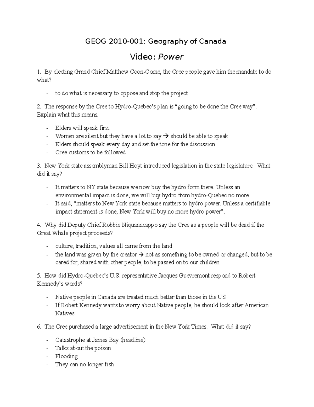 Final EXAM - Video Questions - GEOG 2010-001: Geography of Canada Video ...