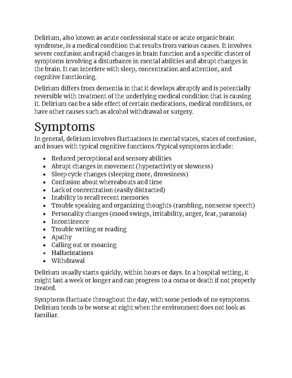 Delirium Notes - Delirium, also known as acute confessional state or ...