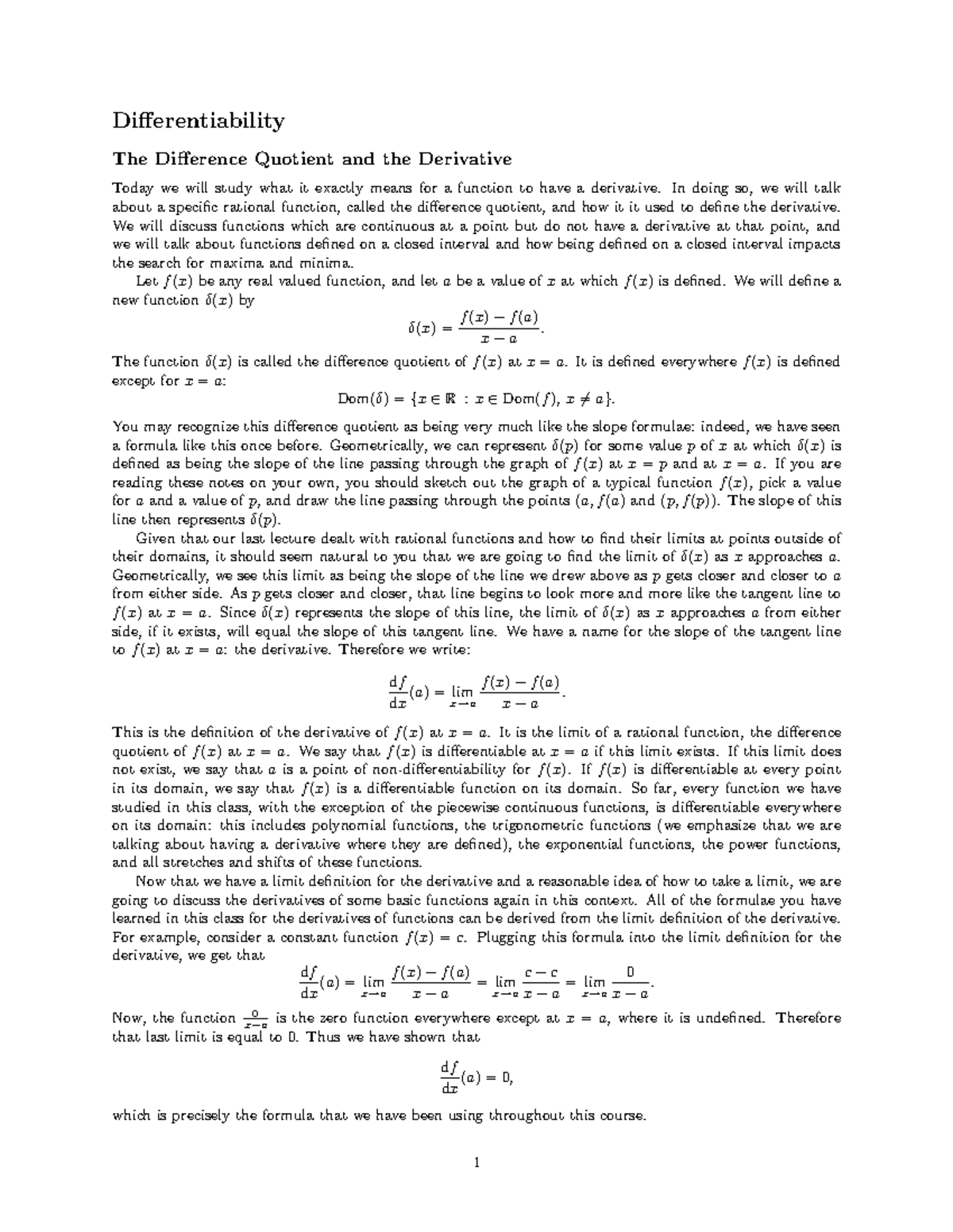 Lecture on diffrentiability - Differentiability The Difference Quotient ...