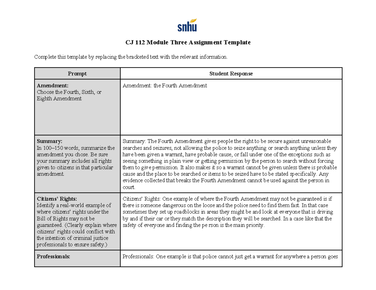 CJ 112 Module Three Assignment - Prompt Student Response Amendment: Choose the Fourth, Sixth, or ...