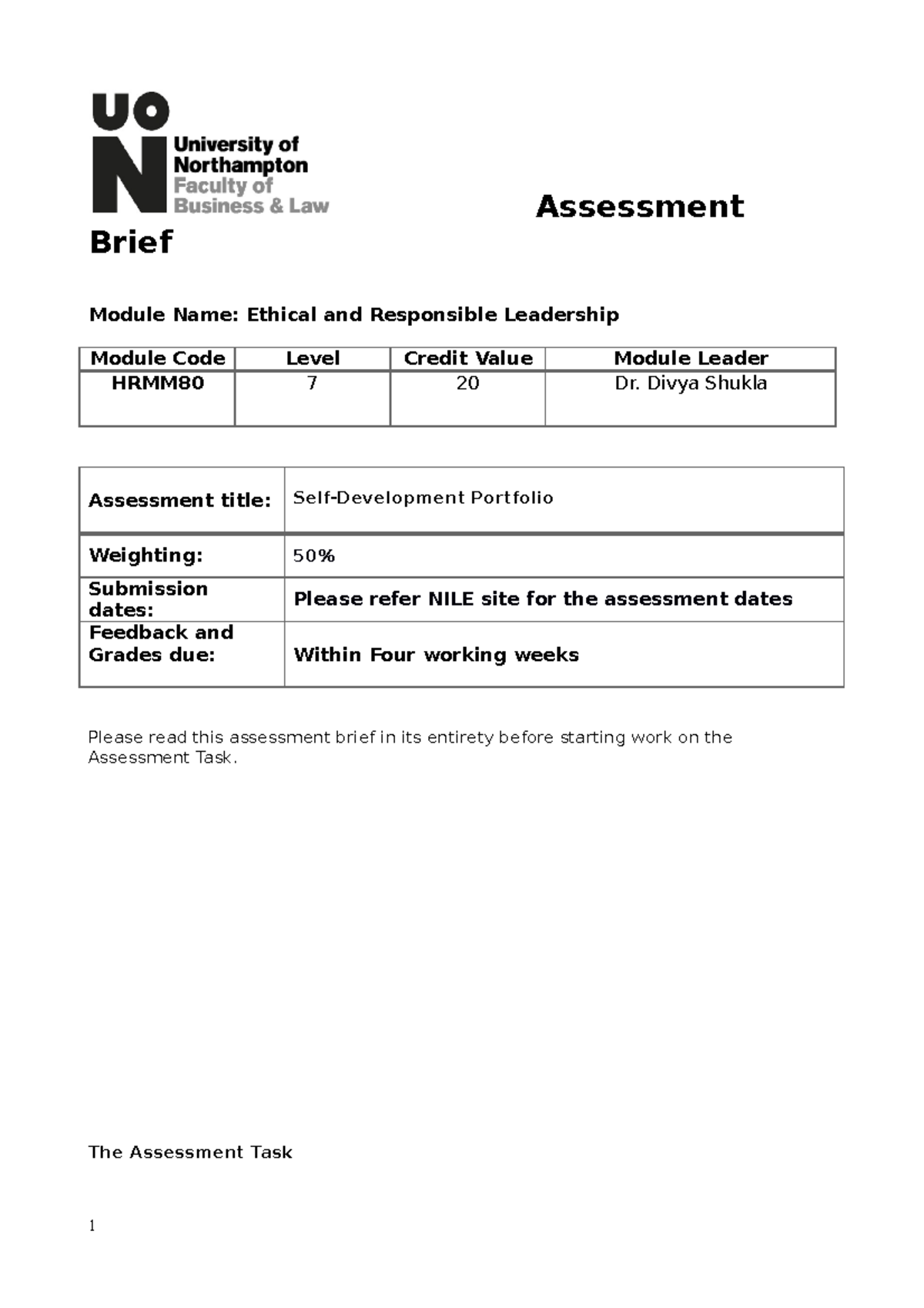 AS2 Assessment Brief HRMM080 - Assessment Brief Module Name: Ethical and Responsible Leadership ...