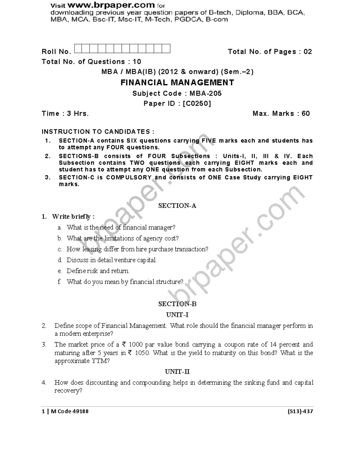 FM(2nd)May2015FM(2nd)May2015 Question Paper - 1 | M Code 49100 (S13 ...