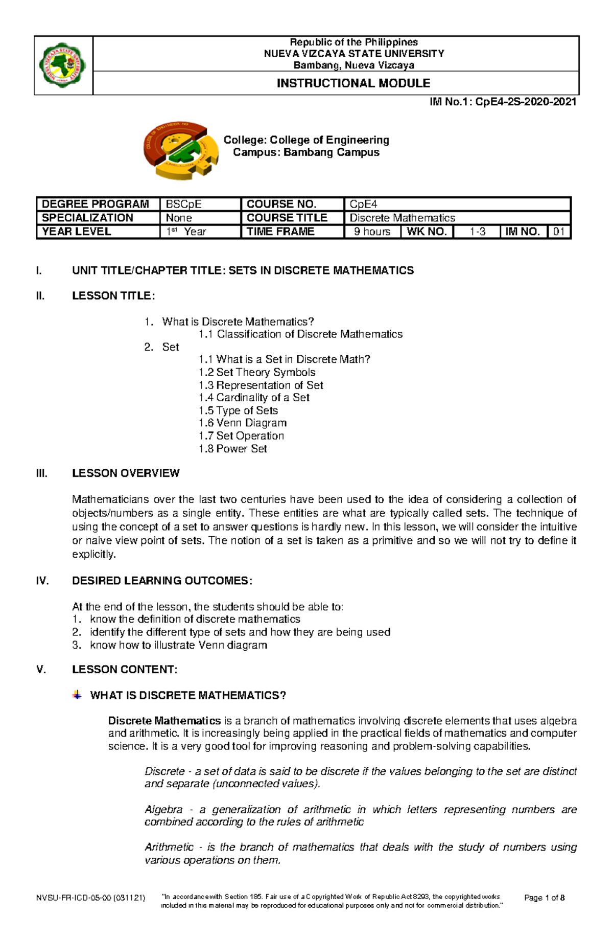 Instructional Module 1 - Sets in Discrete Mathematics - NUEVA VIZCAYA ...