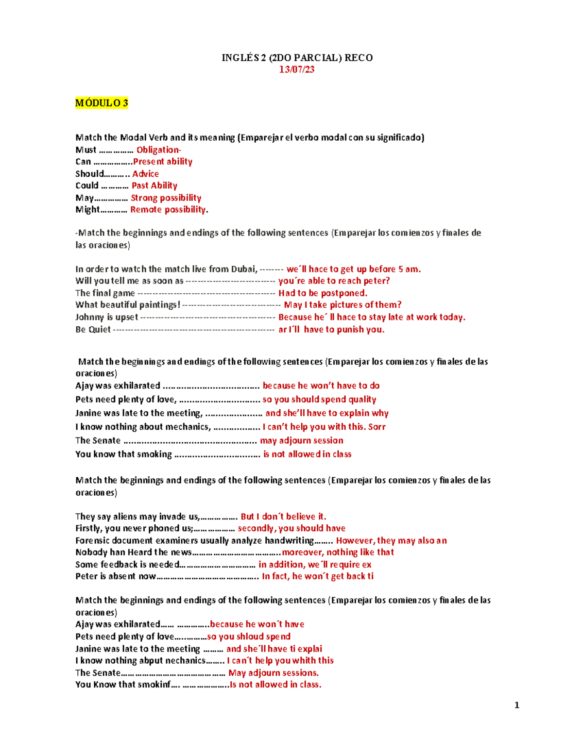 Reco ingles 2 - INGLÉS 2 (2DO PARCIAL) RECO 13/07/ MÓDULO 3 Match the ...