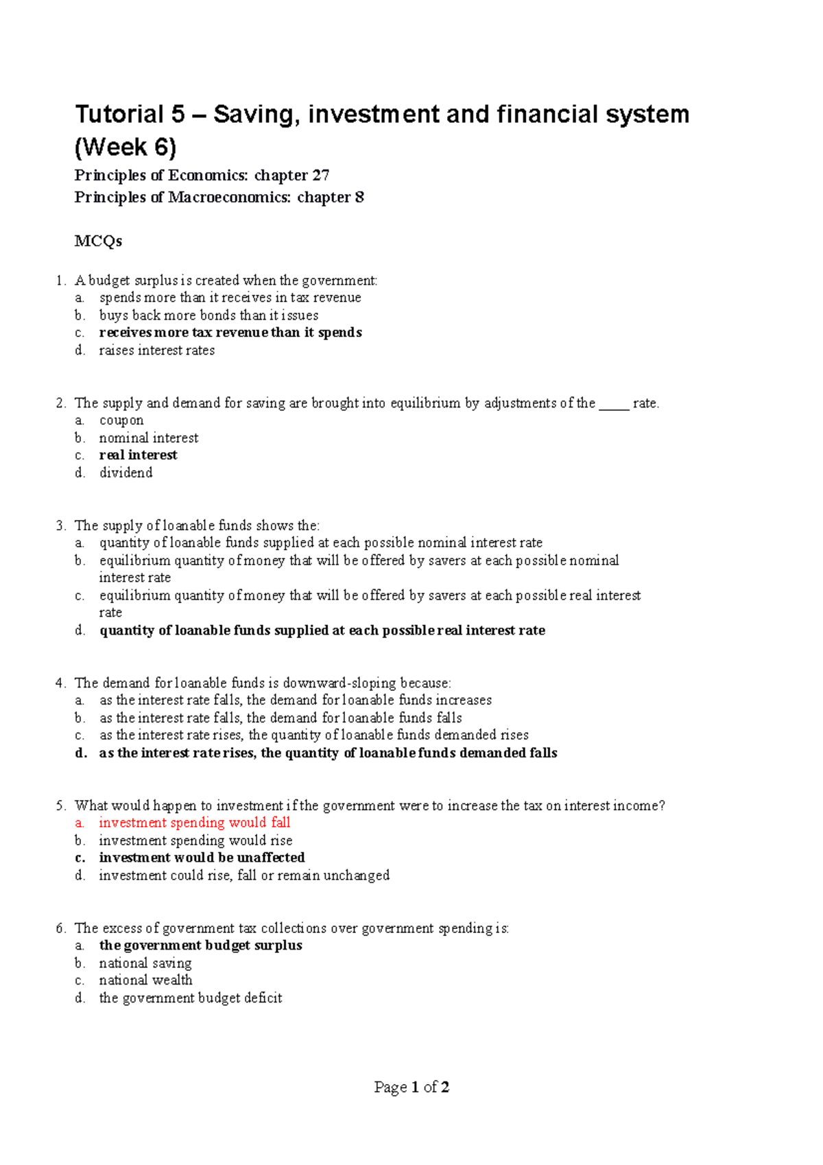 Tut5(Week 6) Questions - Tutorial 5 – Saving, investment and financial system (Week 6 ...