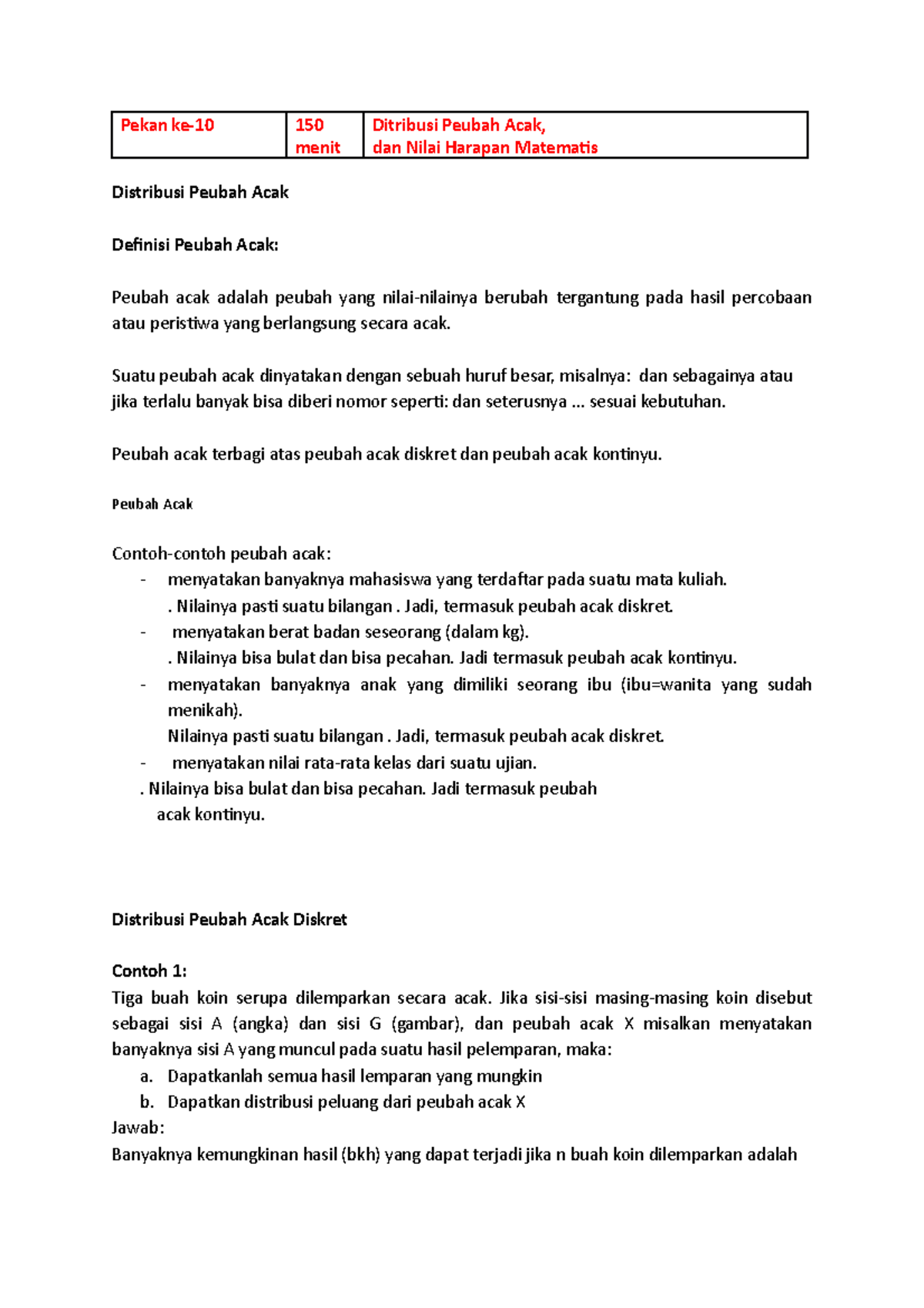 Kuliah Prob Stat Pertemuan ke 10 - Pekan ke-10 150 menit Ditribusi Peubah Acak, dan Nilai ...