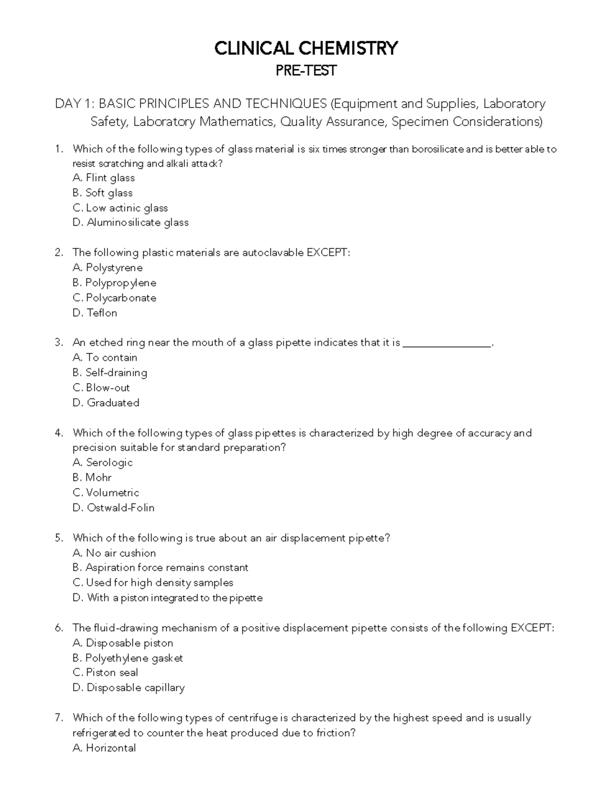 Clinical Chemistry - CLINICAL CHEMISTRY PRE-TEST DAY 1: BASIC ...