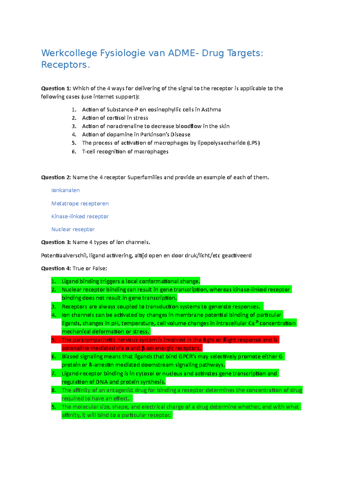 Werkcollege Drug action - Werkcollege Fysiologie van ADME- Drug Targets ...