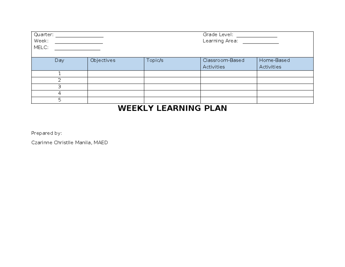 Weekly Learning Plan - For use as tool to my assigned task. - Bachelor ...