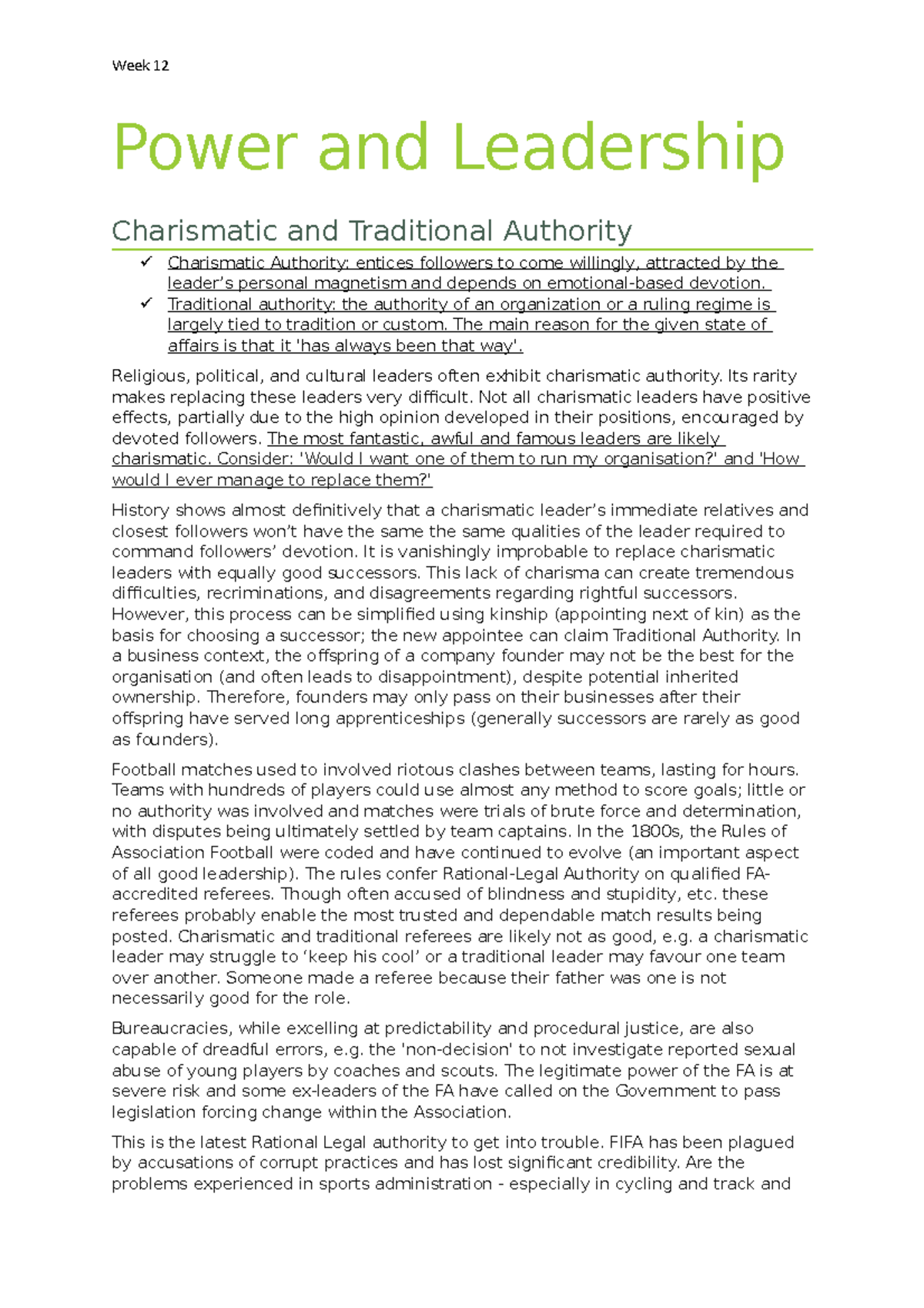 Organisational Behaviour & Analysis - Power and Leadership - Week 12 ...