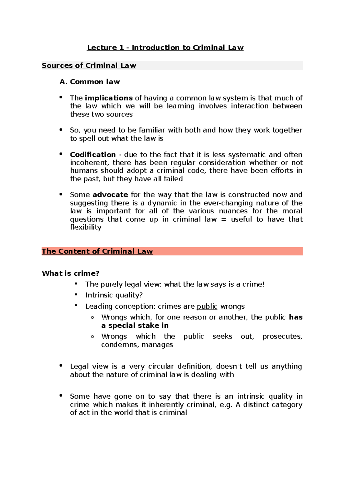 Lecture 1 - Introduction to Criminal Law - Common law The implications ...
