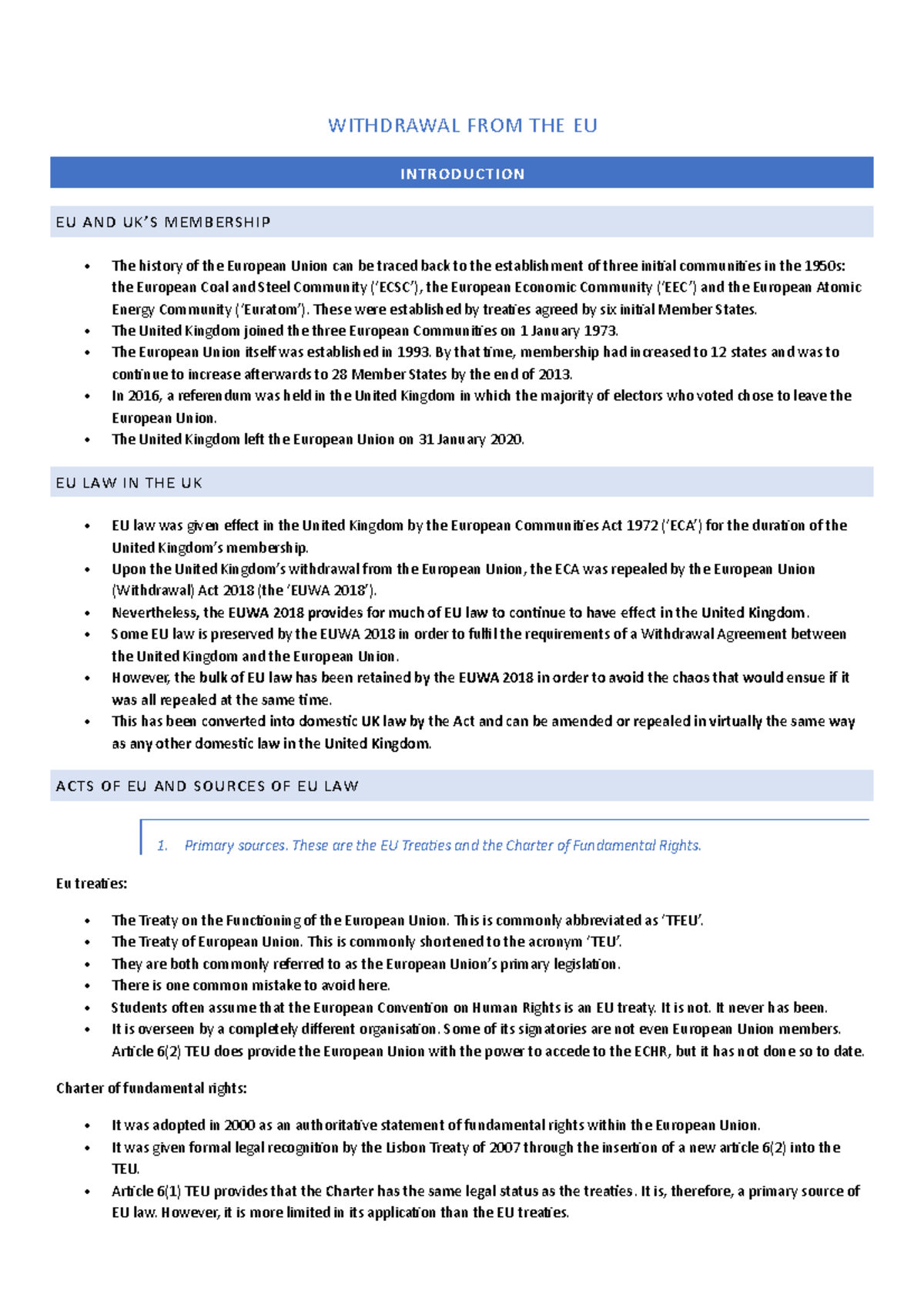 EU - EU notes - WITHDRAWAL FROM THE EU INTRODUCTION EU AND UK’S ...