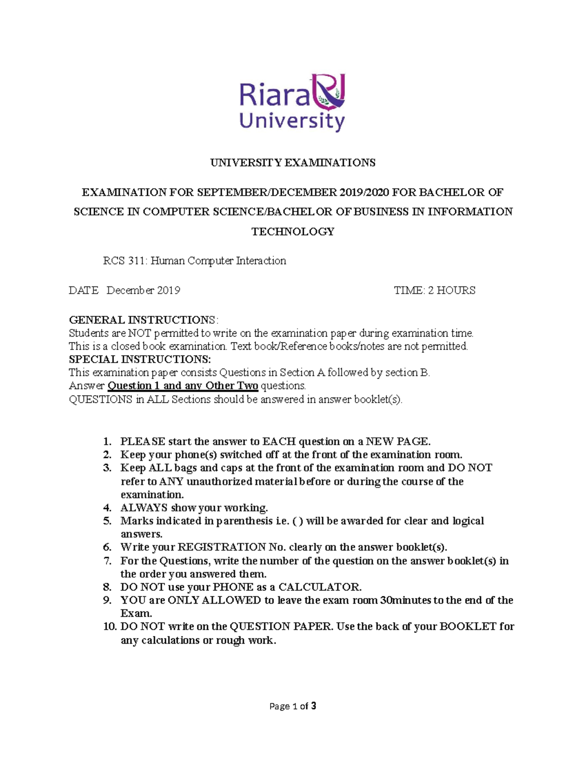 RCS 311 Human Computer Interaction-converted - Page 1 of 3 UNIVERSITY ...