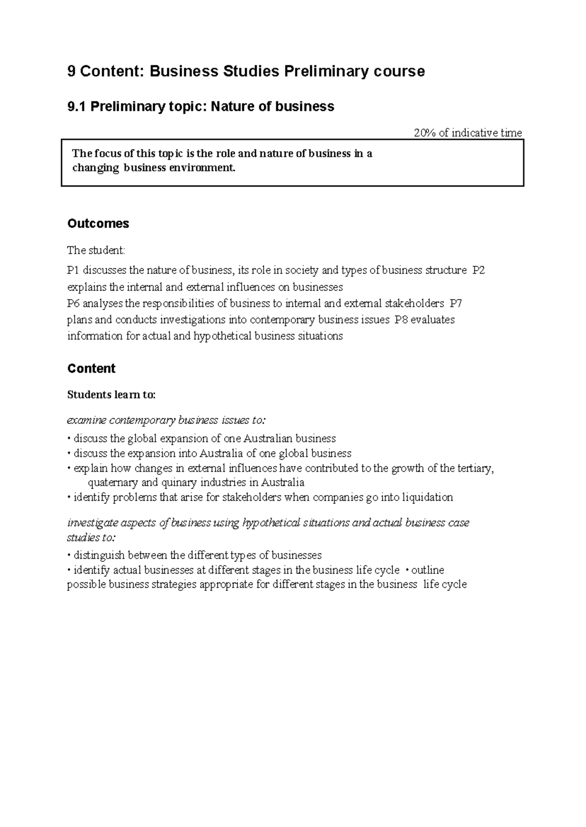 Business Syllabus - 9 Content: Business Studies Preliminary course 9 ...