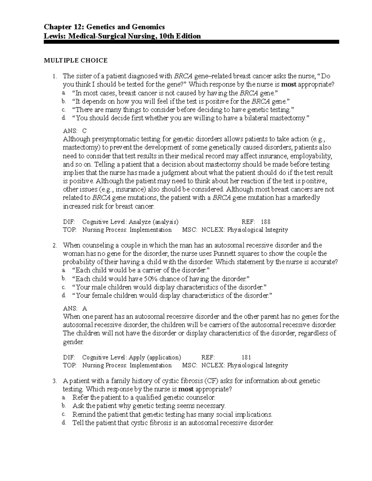 C12 - practice questions - Chapter 12: Genetics and Genomics Lewis ...
