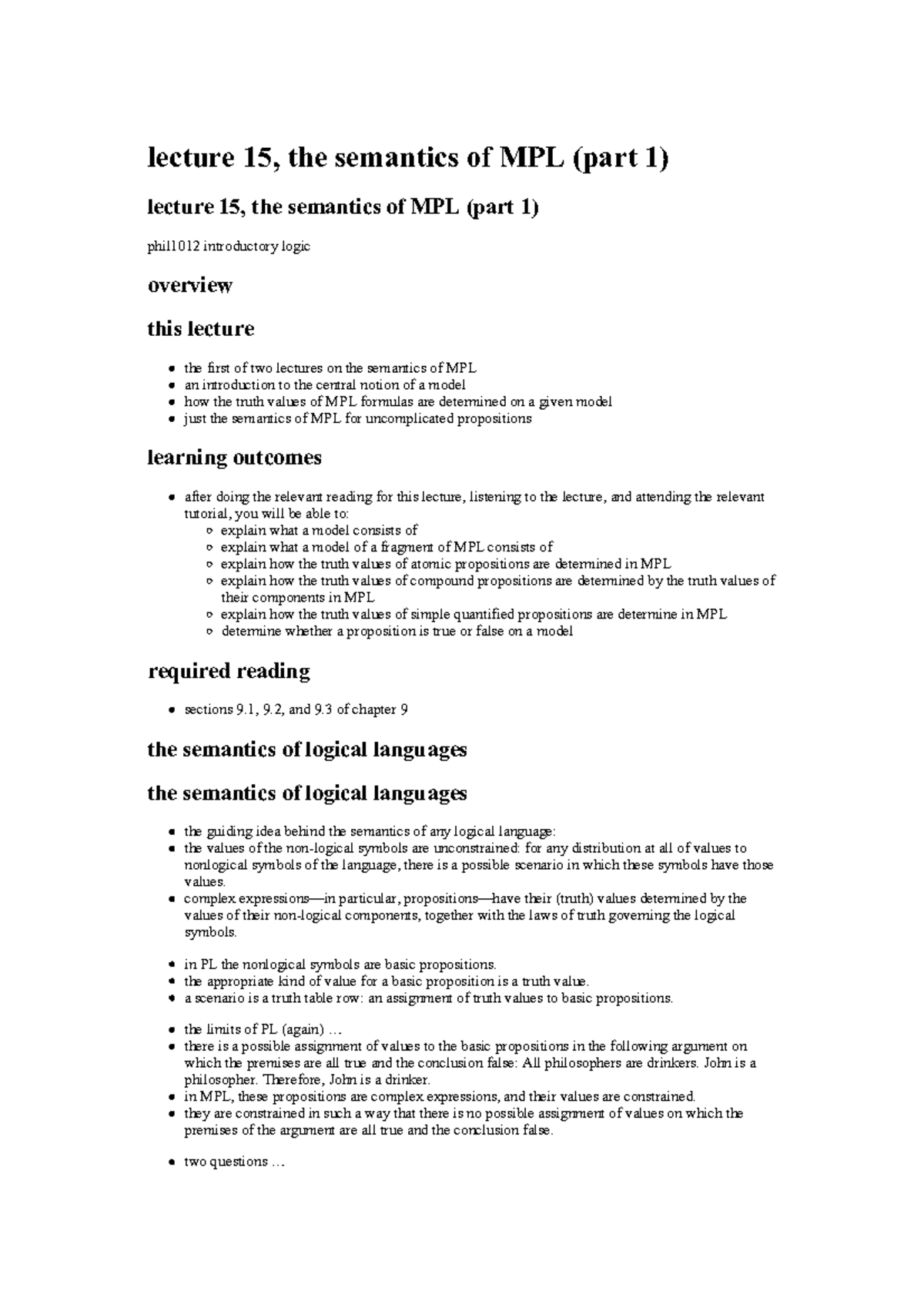 15 The Semantics Of Mpl Part1 Handout Lecture 15 The Semantics Of Mpl Part 1 Lecture 15