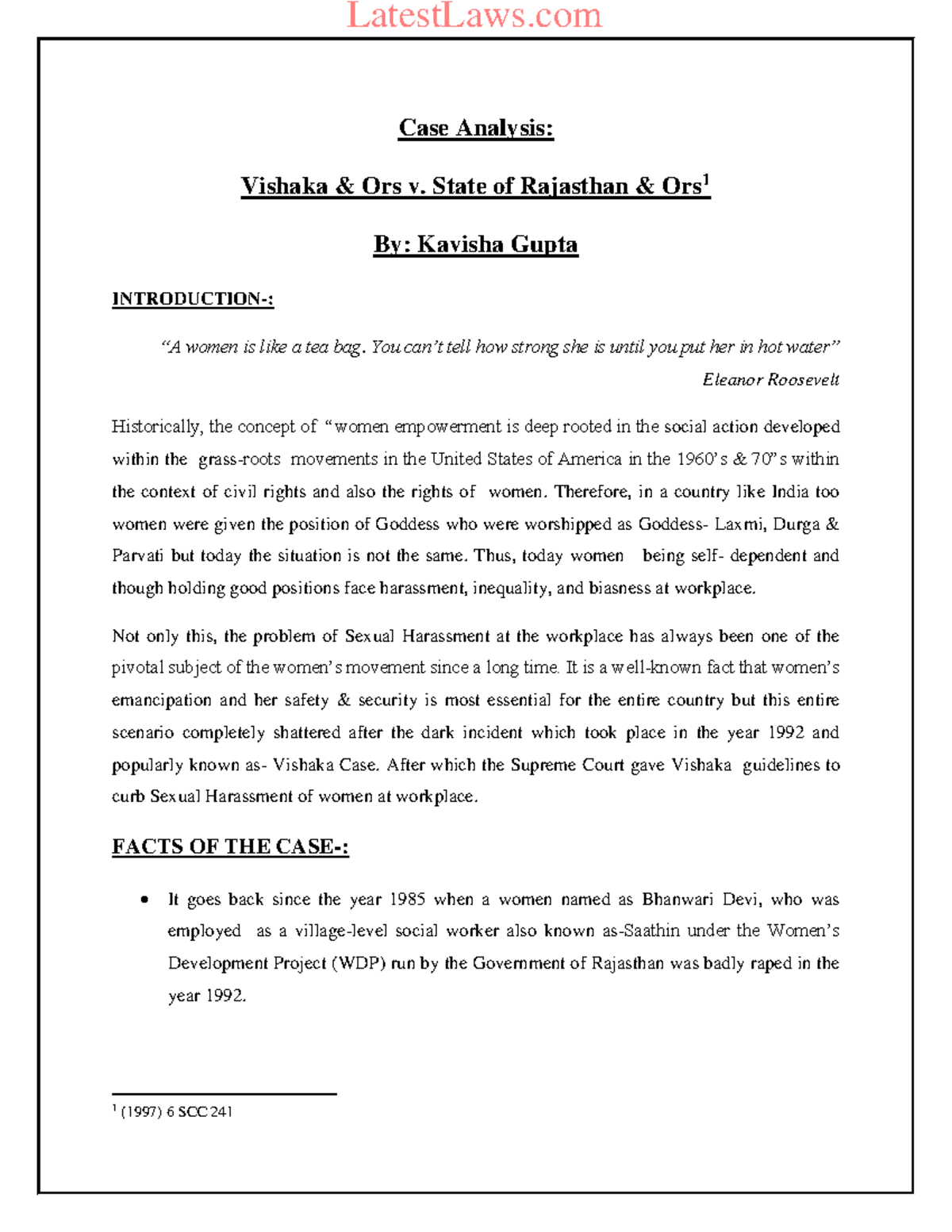 Case Analysis Vishaka Ors v - Case Analysis: Vishaka & Ors v. State of ...