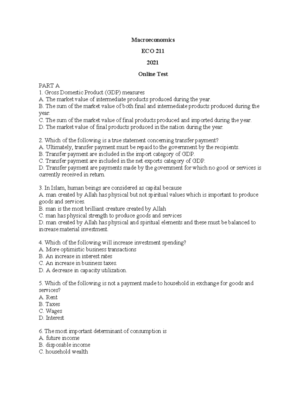 Quiz Question ECO211 - Macroeconomics ECO 211 2021 Online Test PART A ...