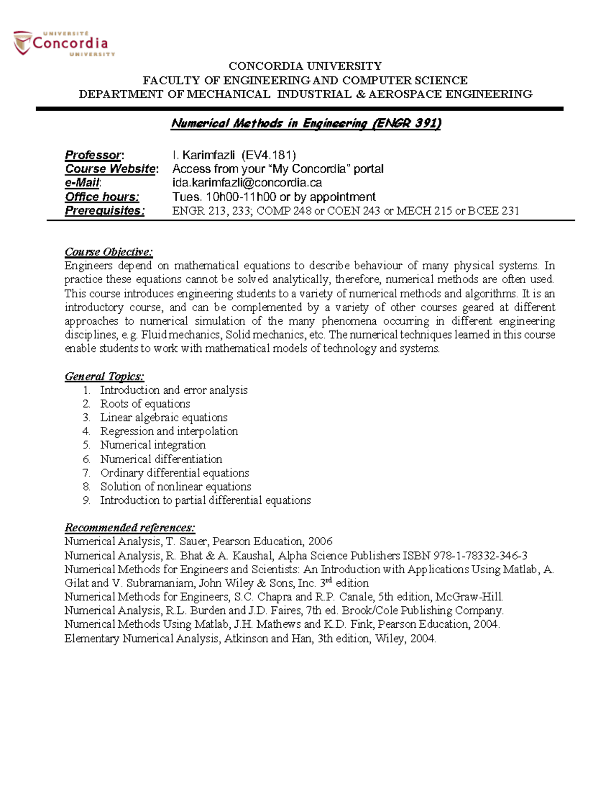 ENGR391MCourse Outline - CONCORDIA UNIVERSITY FACULTY OF ENGINEERING AND COMPUTER SCIENCE ...