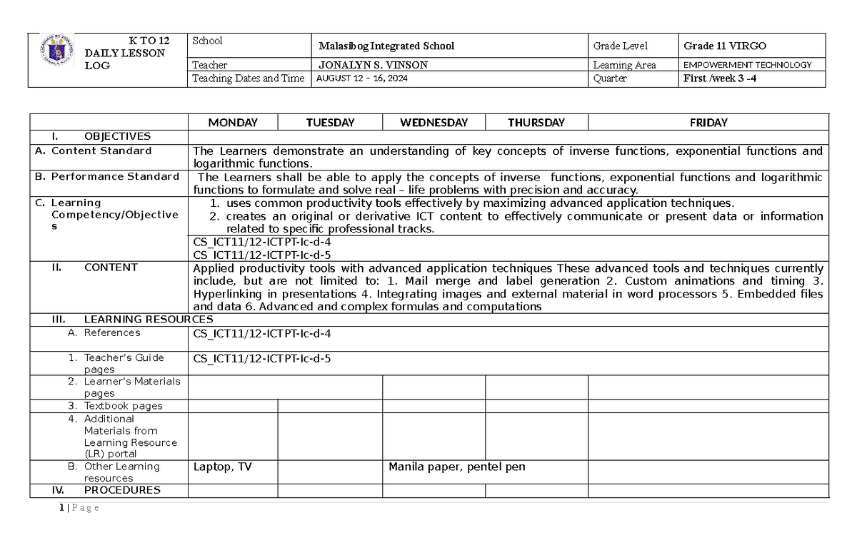earth and life science - K TO 12 DAILY LESSON LOG School Malasibog ...