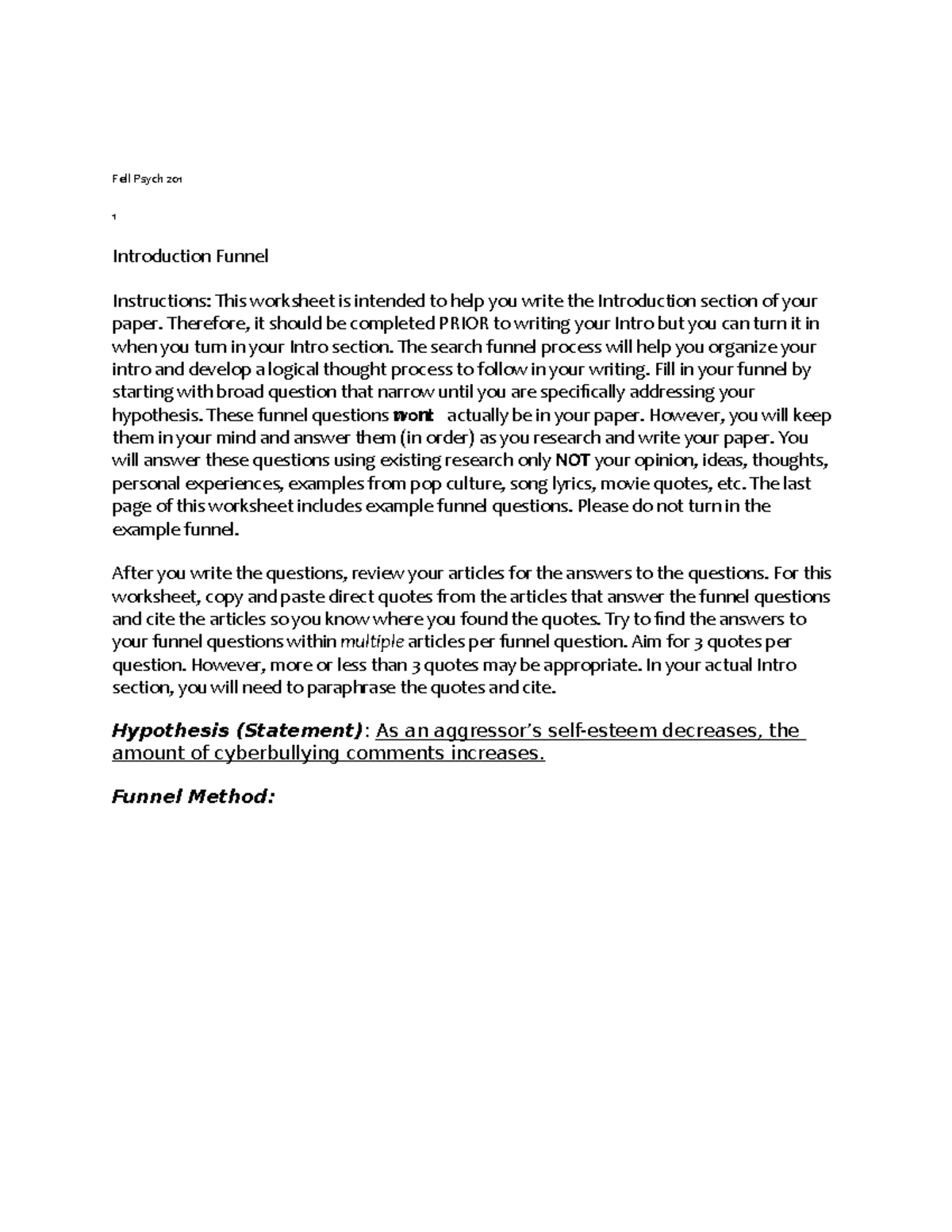 Pre-Work Intro Funnel - Fell Psych 201 1 Introduction Funnel ...