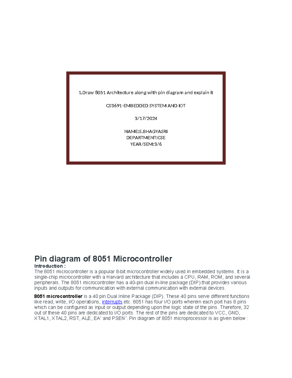 Pin diagram of 8051 Microcontroller - 1 8051 Architecture along with pin diagram and explain it ...