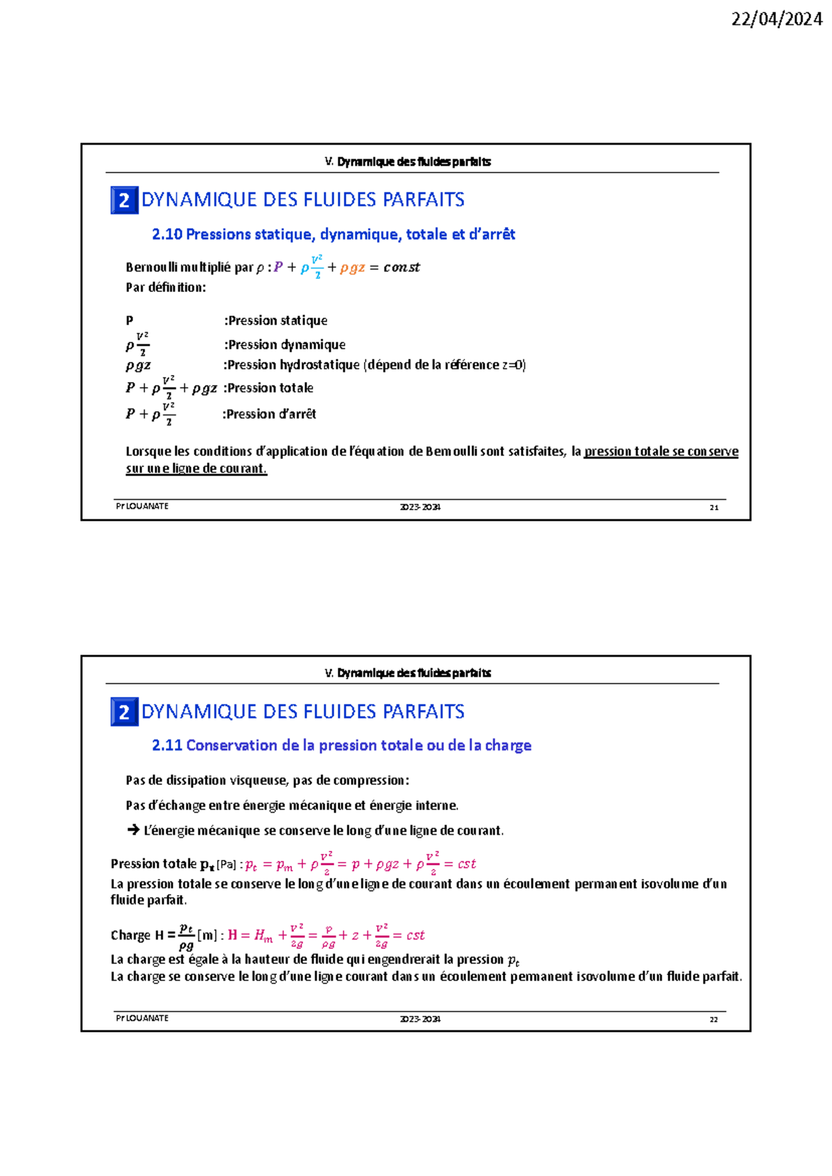 MDF S11 - mecanique - 21 DYNAMIQUE DES FLUIDES PARFAITS 2023- 2 Pr LOUANATE V. Dynamique des ...