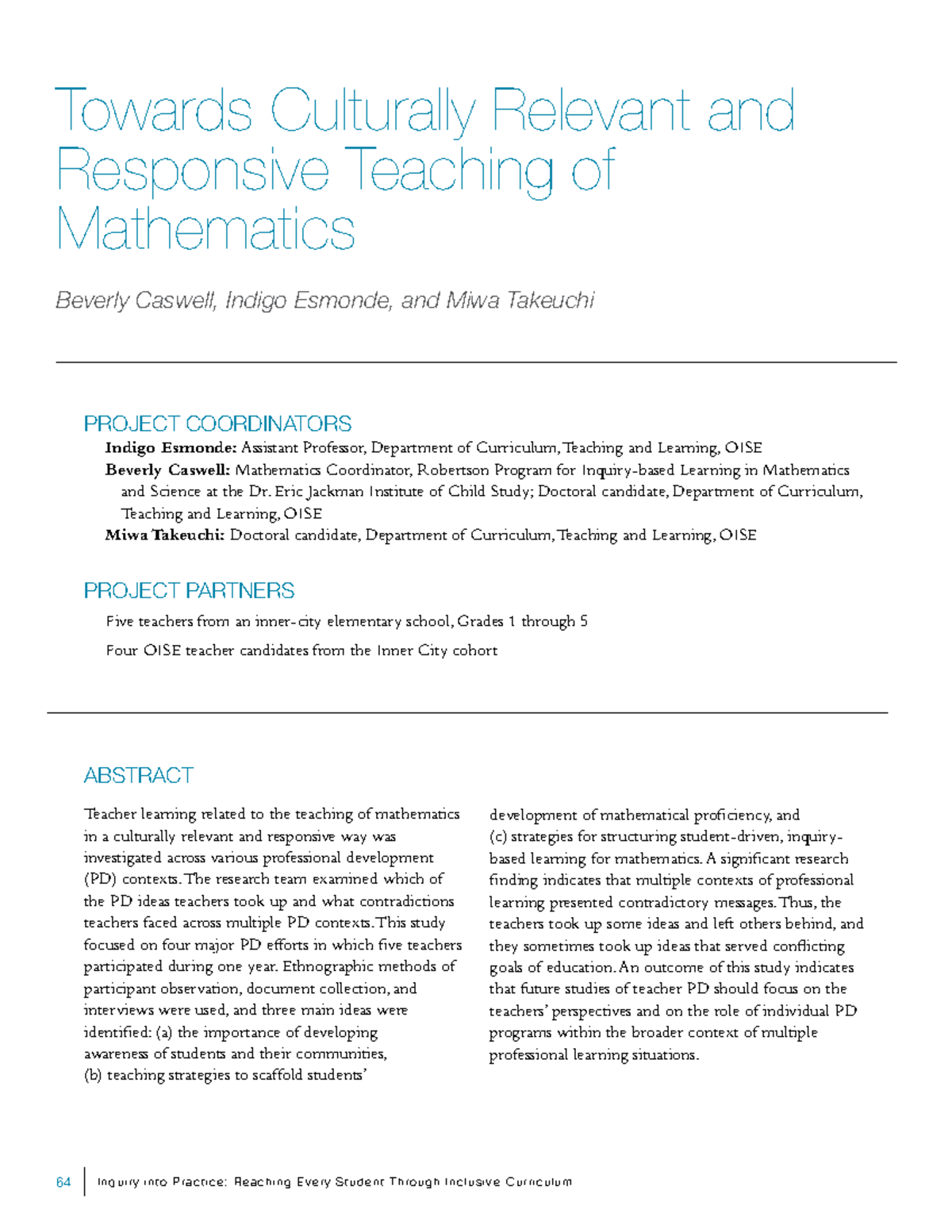 Culturally relevant and responsive mathematics 2011 - 64 Inquir y into ...