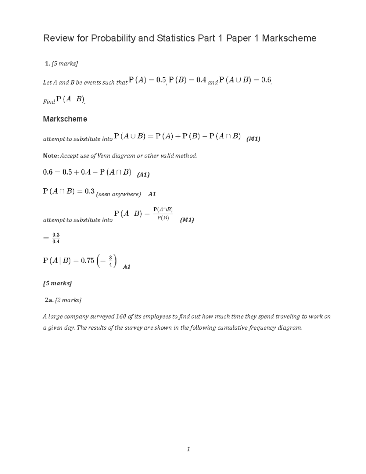 Review for Prob and Stats Paper 1 Part 1 Markscheme - Review for ...