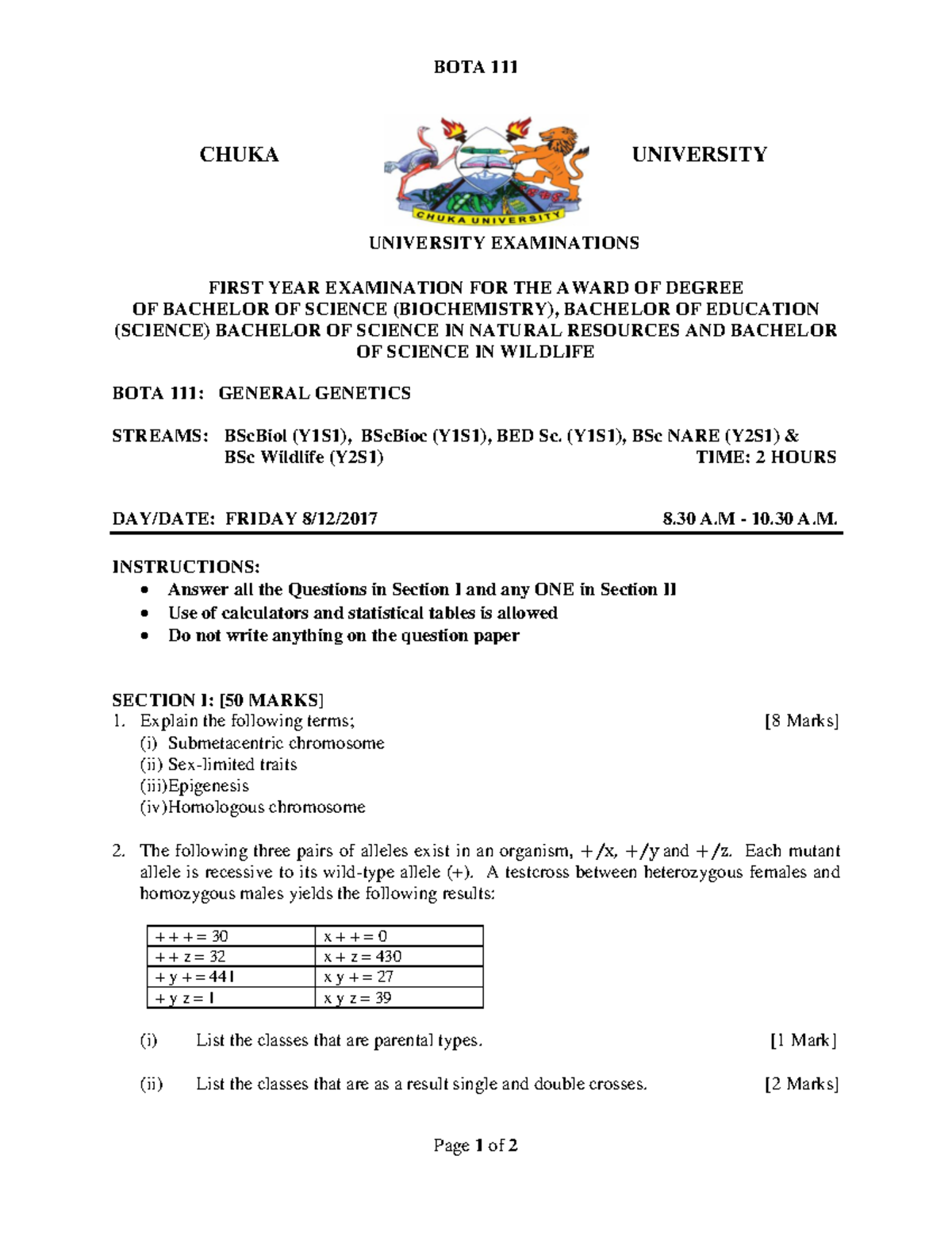 BOTA 111 - No info - BOTA 111 Page 1 of 2 CHUKA UNIVERSITY UNIVERSITY EXAMINATIONS FIRST YEAR ...