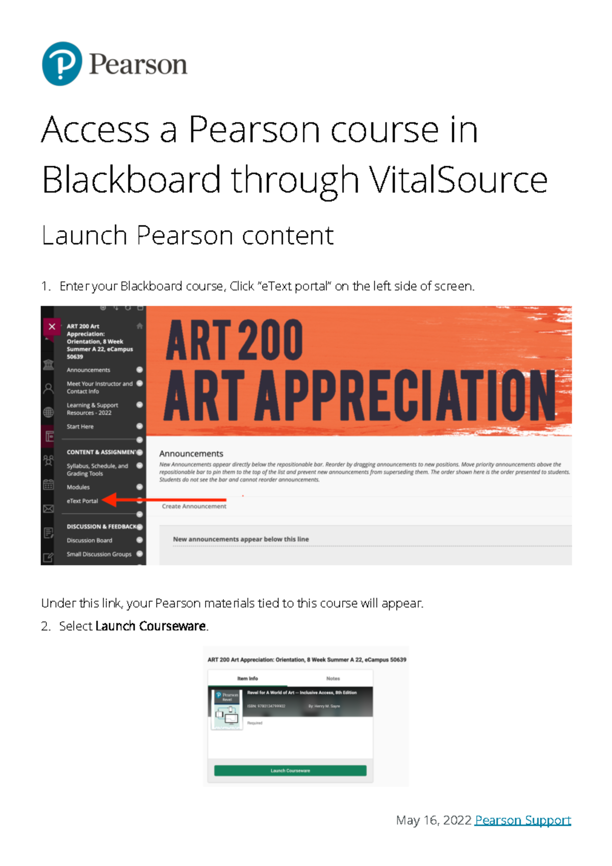 ART 200 Student Access Guide - May 16, 2022 Pearson Support Access a ...