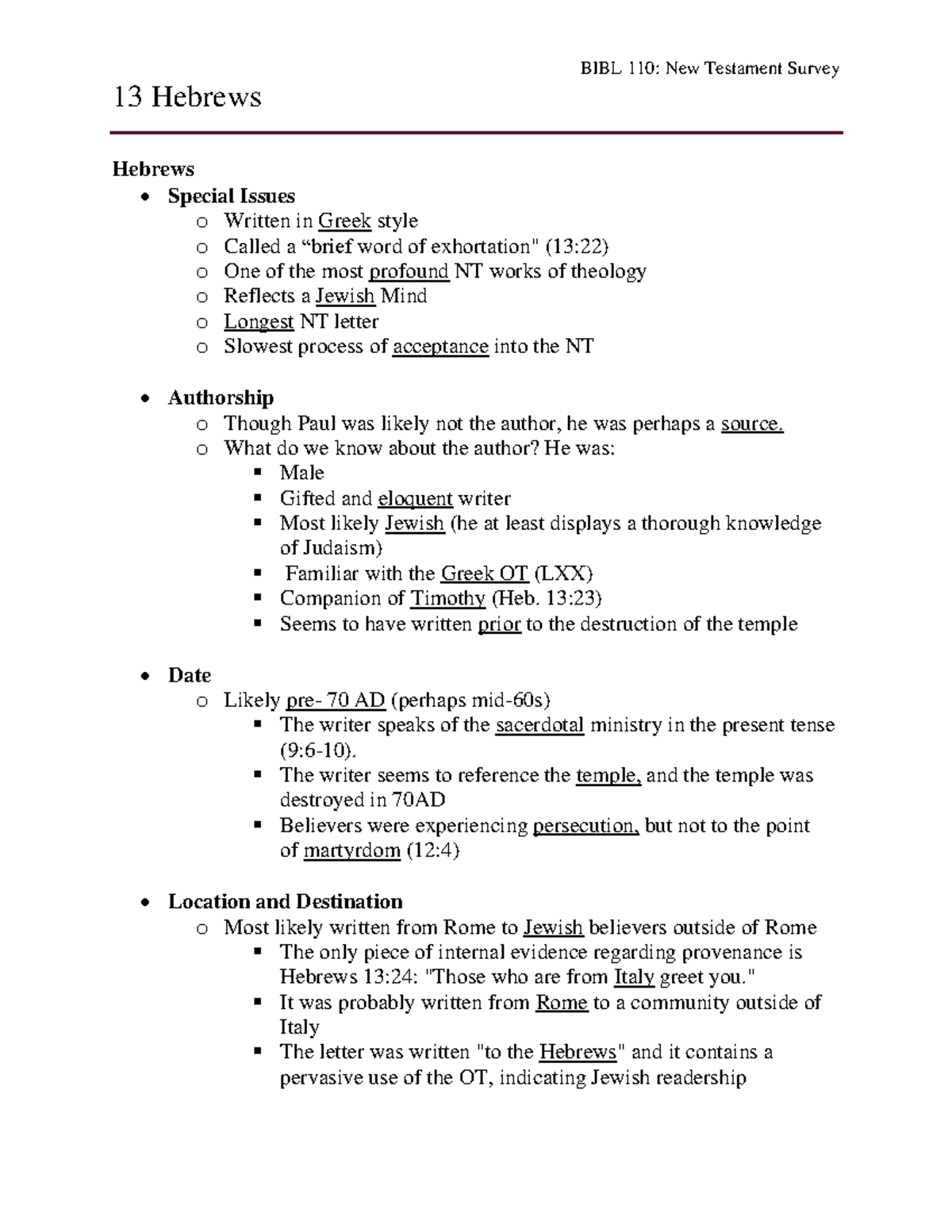 Hebrews Lecture - BIBL 110: New Testament Survey 13 Hebrews Hebrews ...