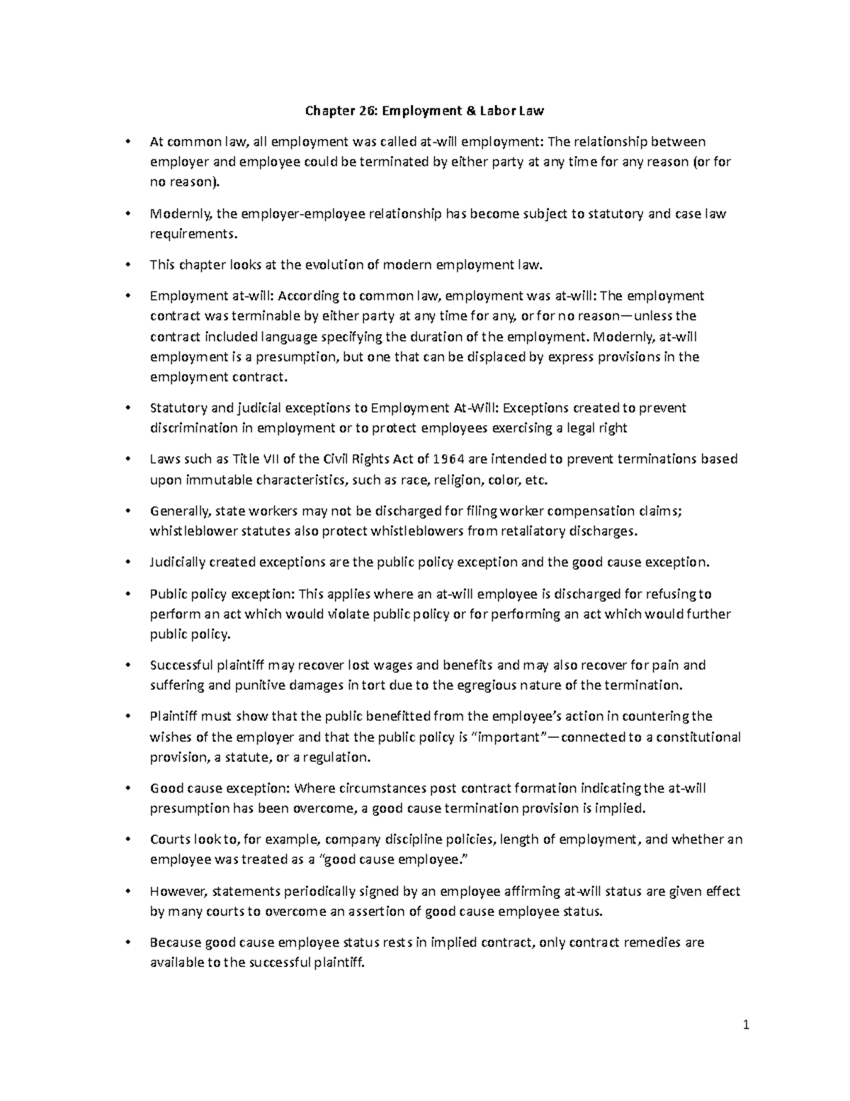 Chapter 26 Outline - Chapter 26: Employment & Labor Law At common law ...