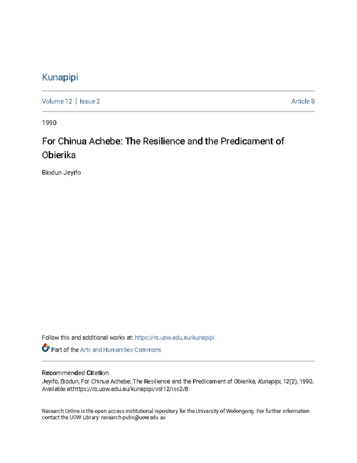 For Chinua Achebe The Resilience and the Predicament of Obierika ...